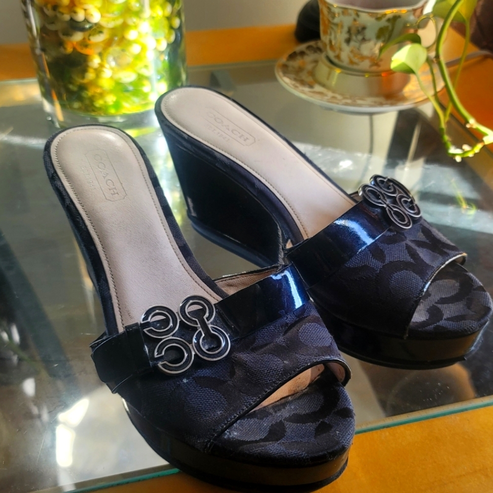 Coach Geri Signature Patent Leather Platform Wedges - Gem